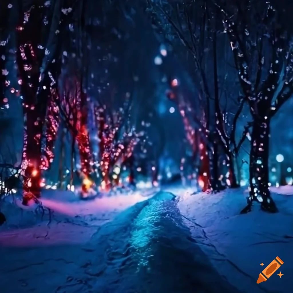 Winter road with vibrant christmas lights on Craiyon