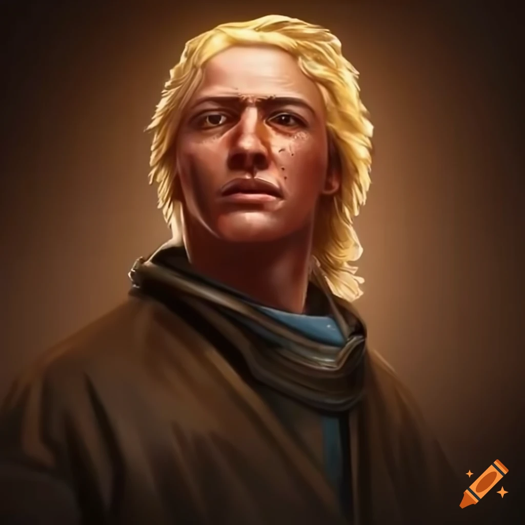 Portrait of a fisherman aasimar with blonde hair and bronze skin on Craiyon