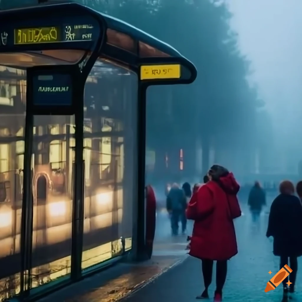 Crowded bus stop in misty london morning