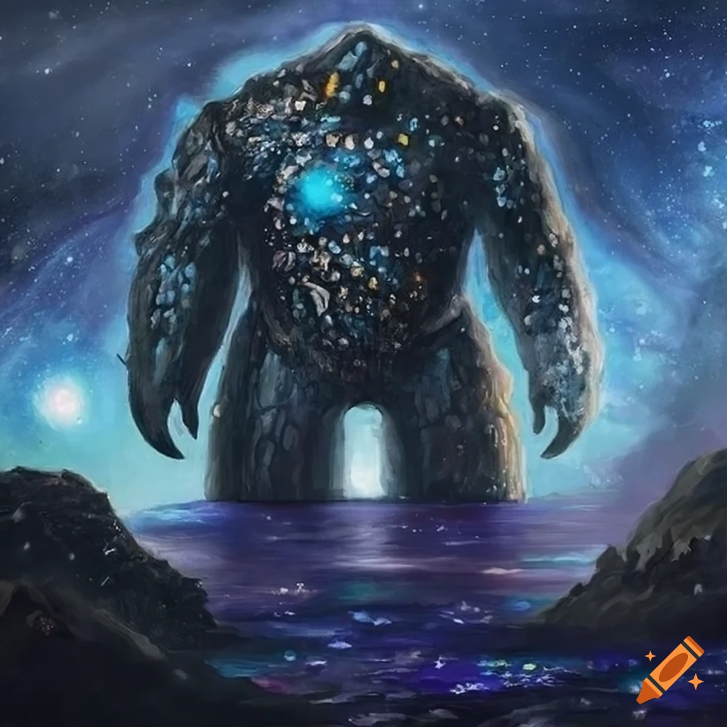 Painting of a cosmic stone golem in a stormy landscape