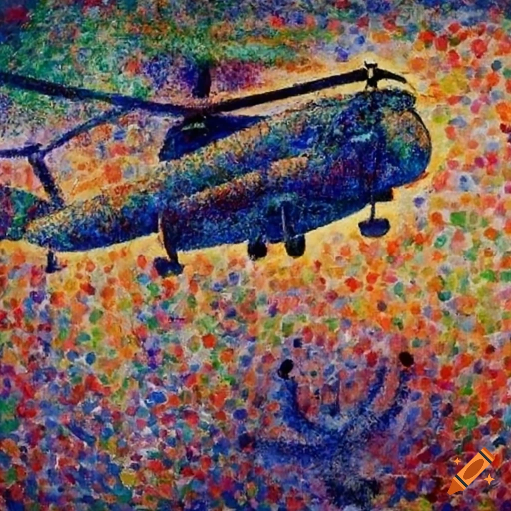 Georges seurat style painting of a ch-47 helicopter in flight