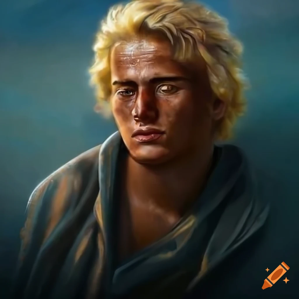 Portrait of a fisherman aasimar with blonde hair and bronze skin