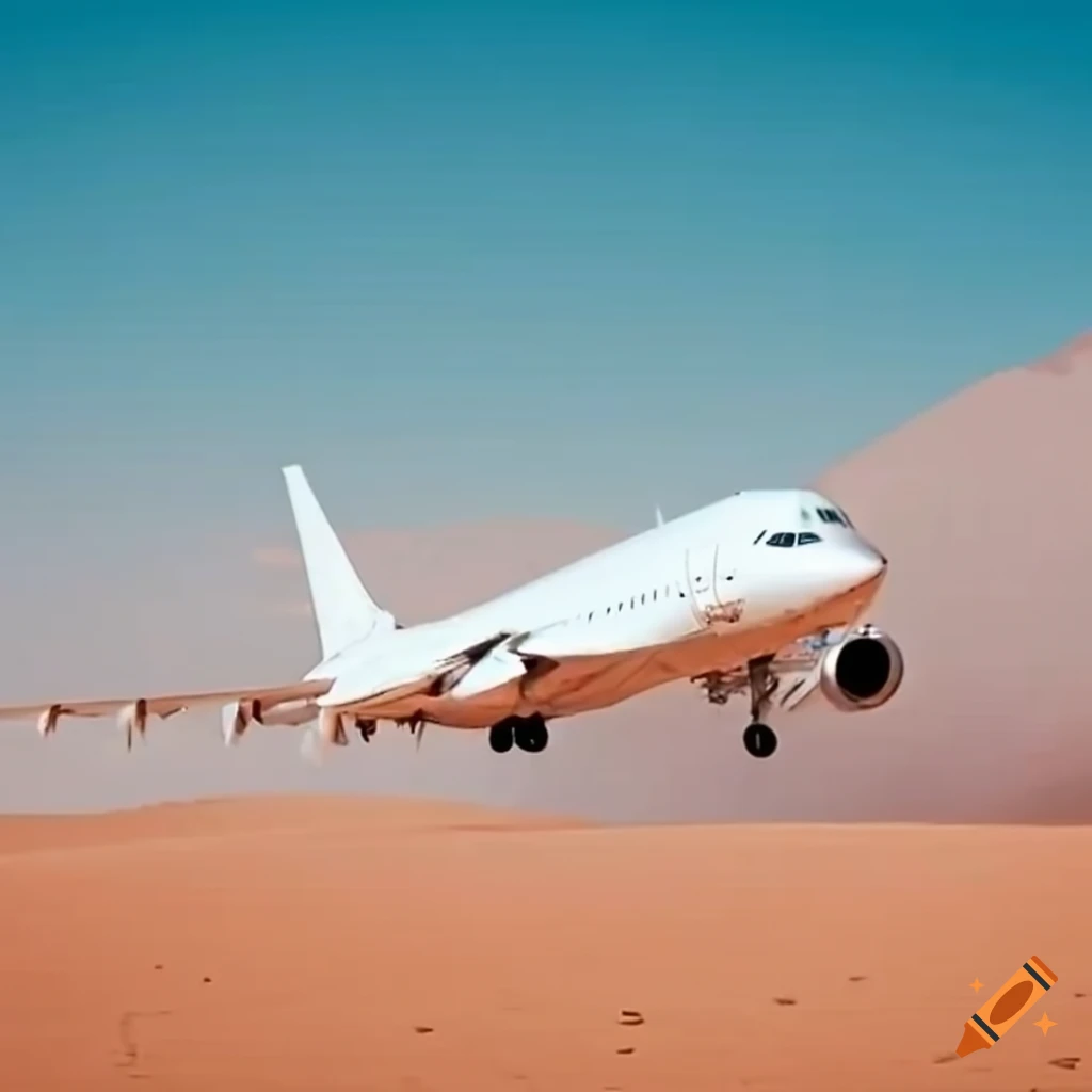White jet landing on a desert runway on Craiyon