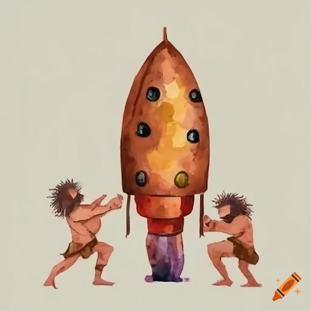 Humorous cavemen building stone rocket
