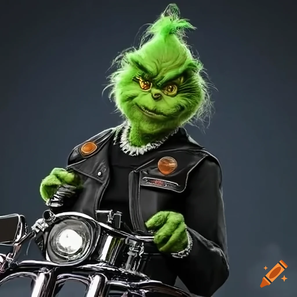 Grinch riding a motorcycle and giving the rock on sign on Craiyon