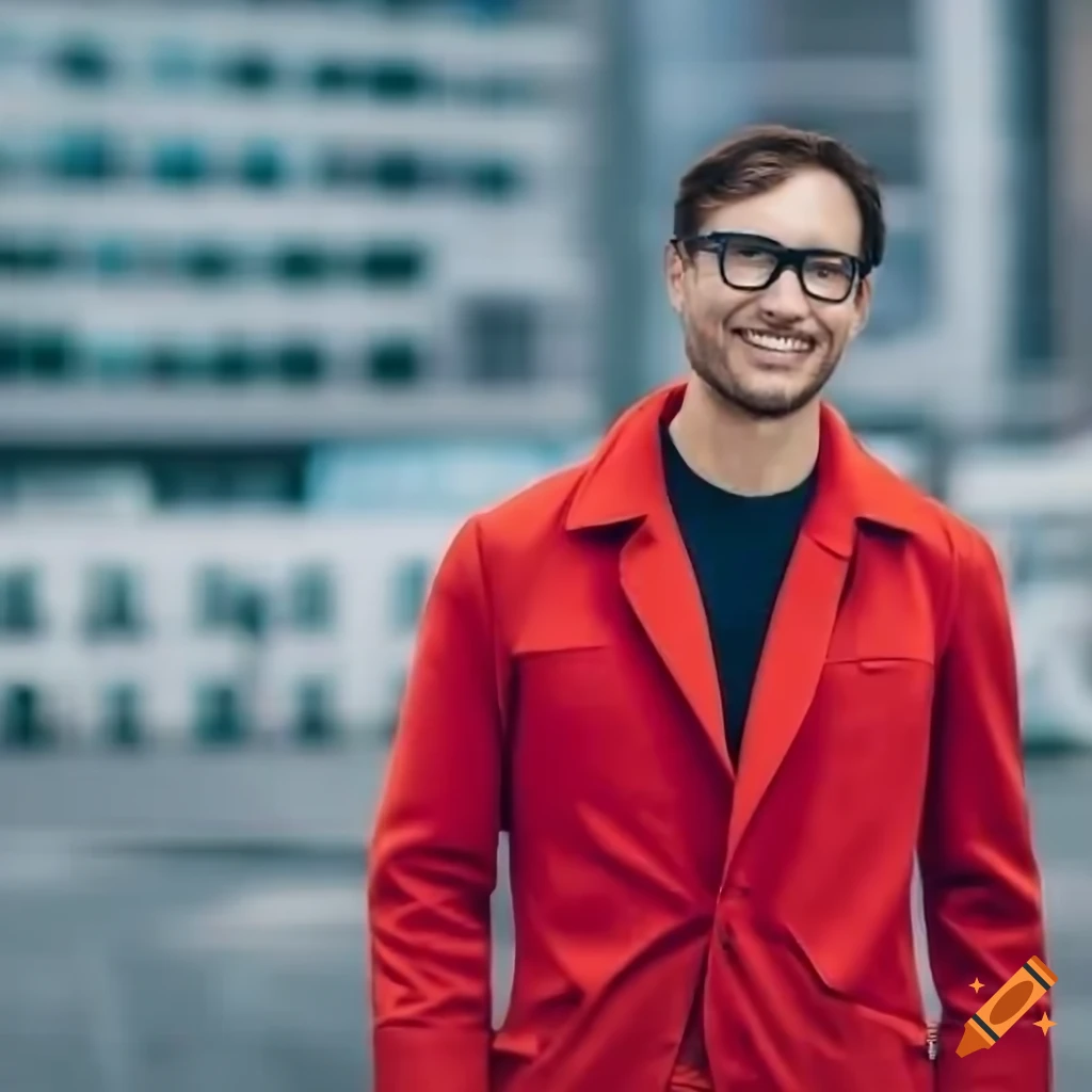 Man in red coat standing in the city