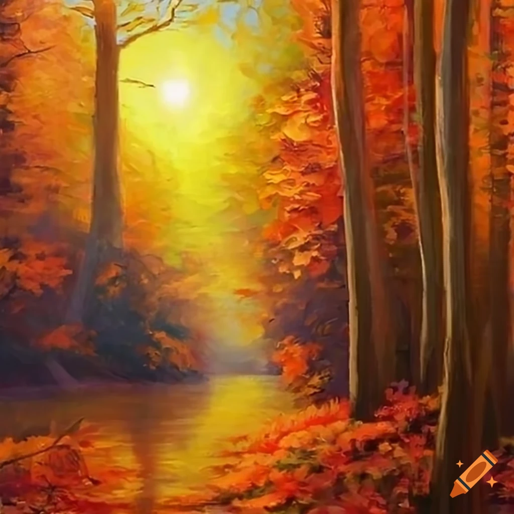Oil painting of a sunny autumn forest with various animals