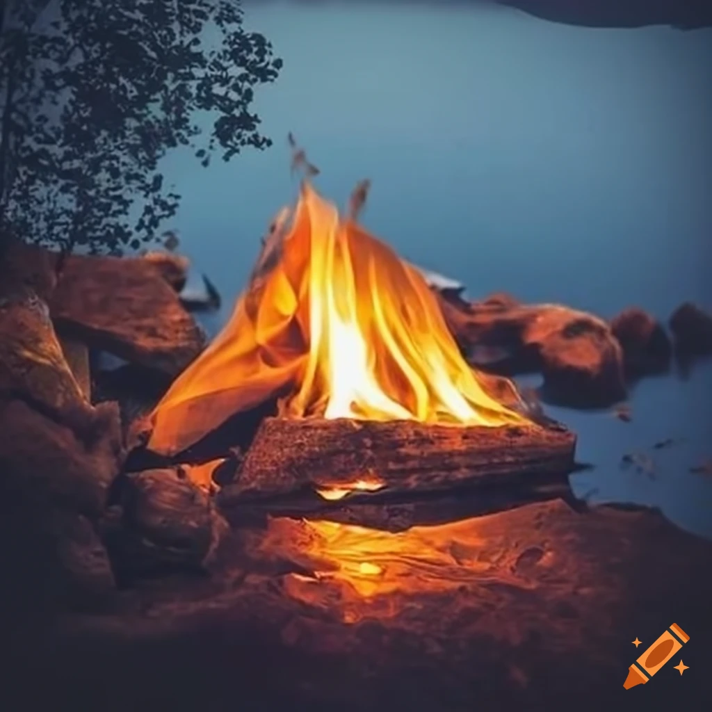 Campfire beside a forked river on Craiyon