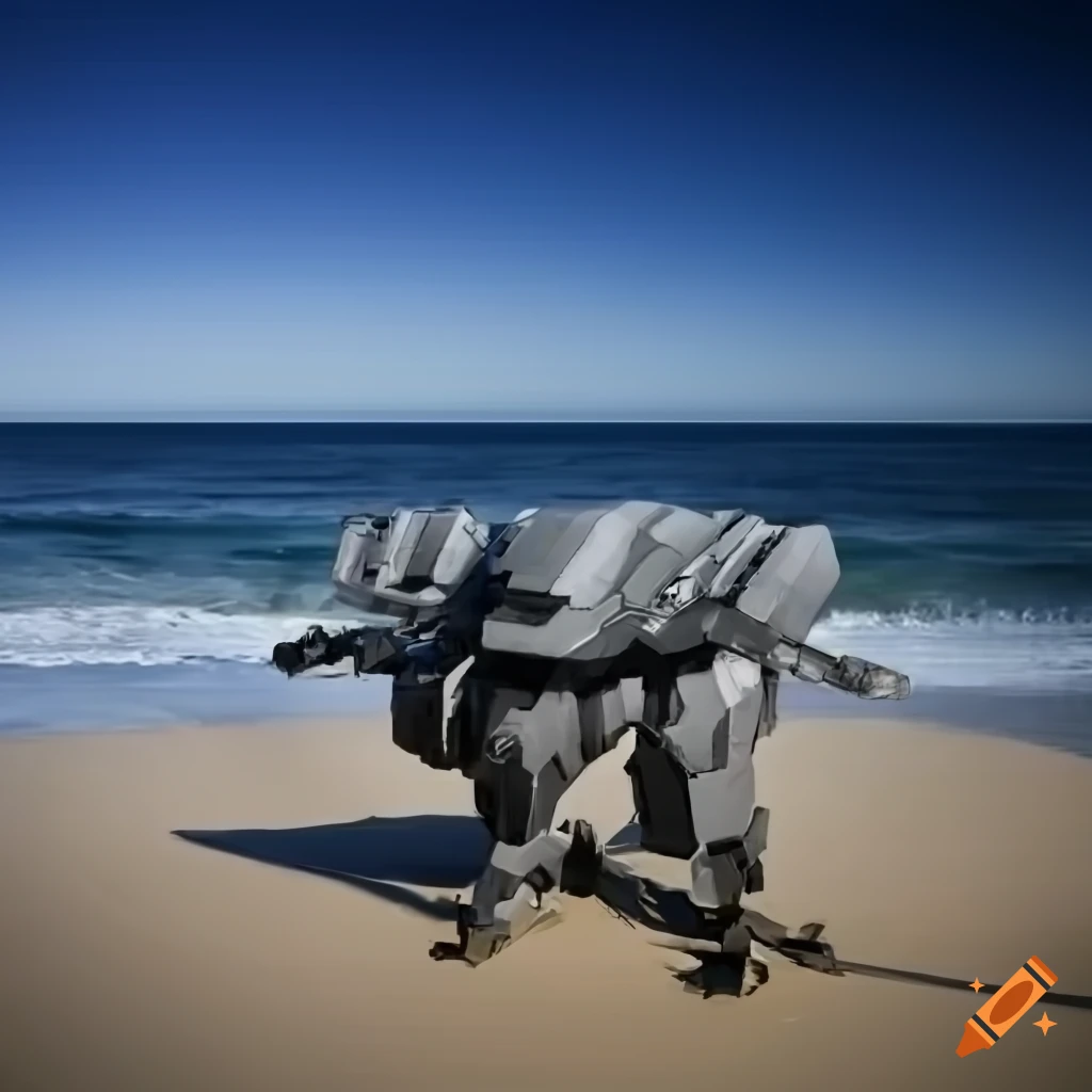 Grey boat-like mecha standing on sand dunes near the ocean on Craiyon