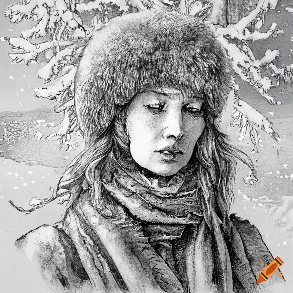 Ink portrait of a woman in winter on Craiyon