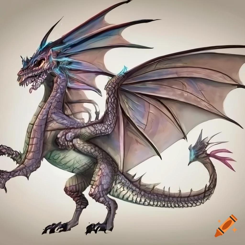 Detailed side view illustration of a dragon with wings on Craiyon