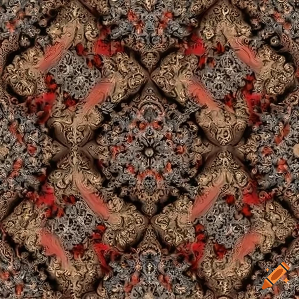 Seamless fractal pattern in beige, brown, silver, black, white, and red colors on Craiyon
