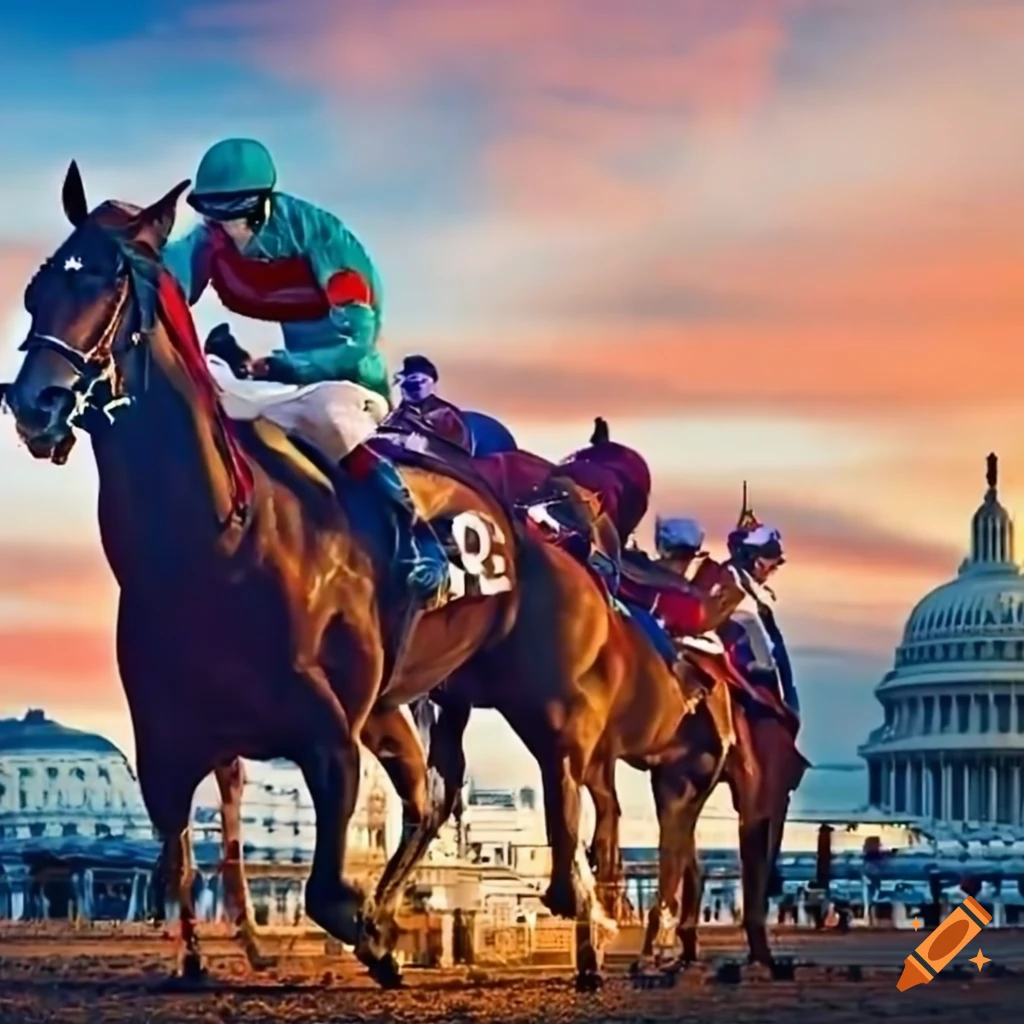 Patriotic race horse at the racetrack in Washington DC on Craiyon