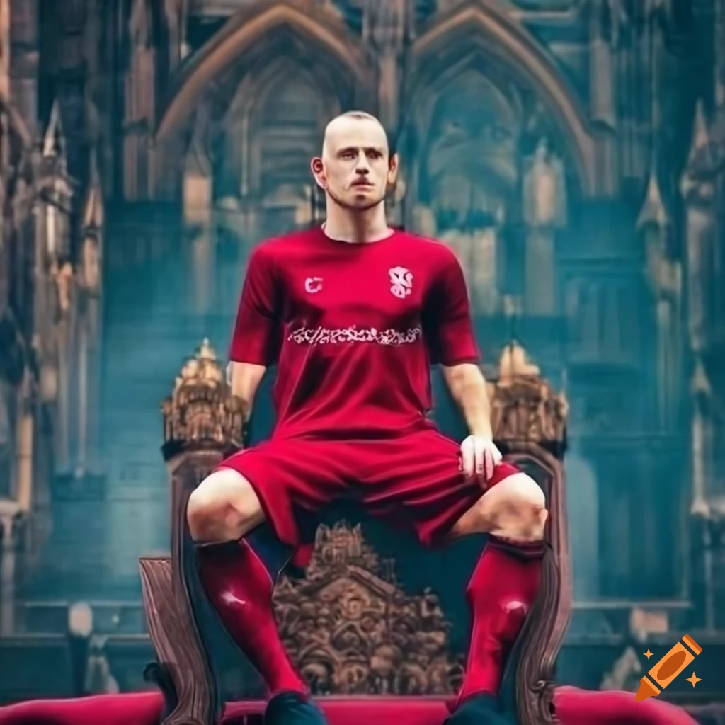 Soccer player sitting on a throne in front of cathedral of saint vít in ...
