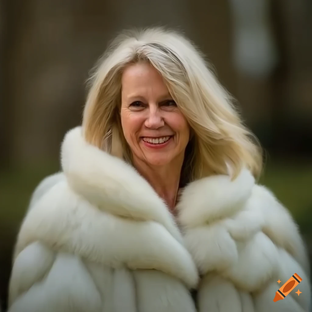 Fashionable senior woman in white fur coat