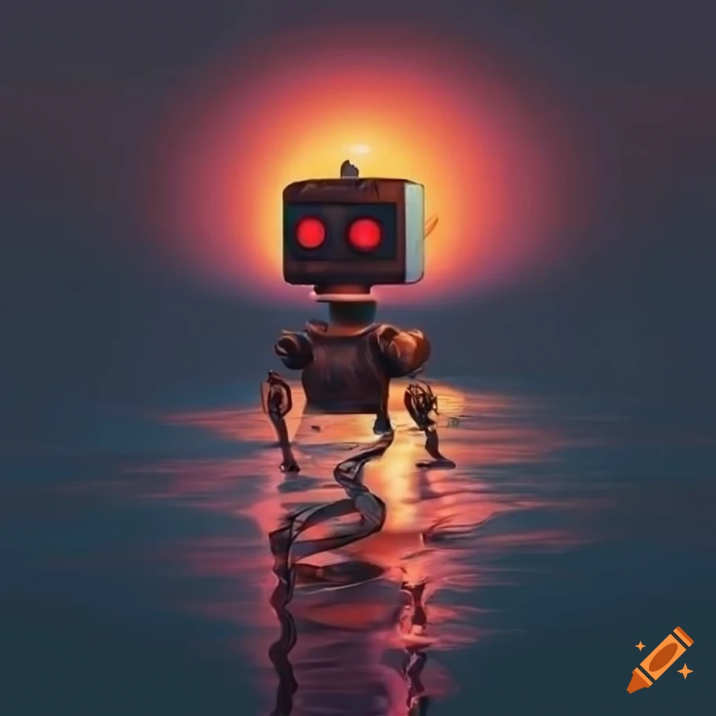 Sunset over the ocean with a philosophical robot on Craiyon