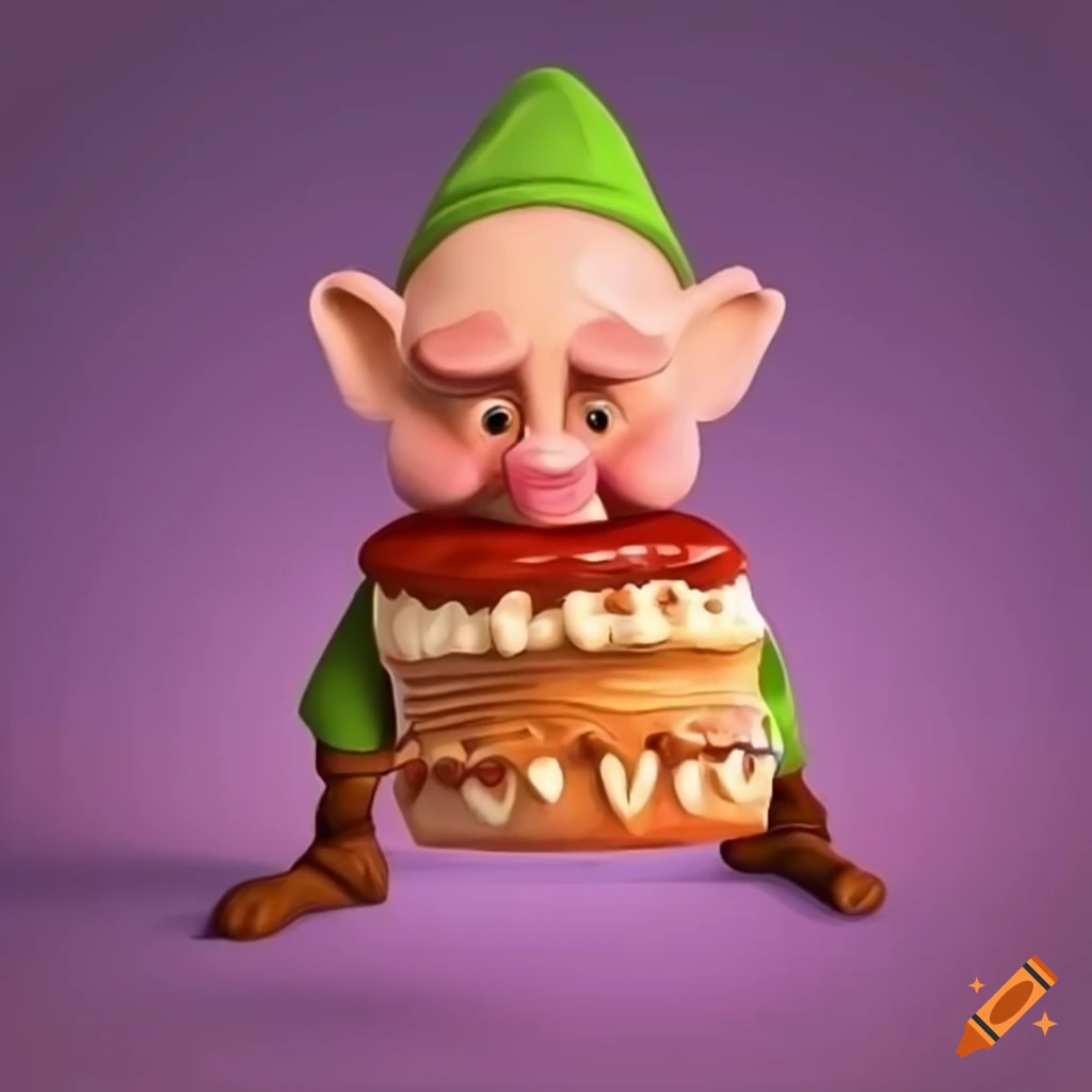 Cartoon dwarf with cake on ear on Craiyon