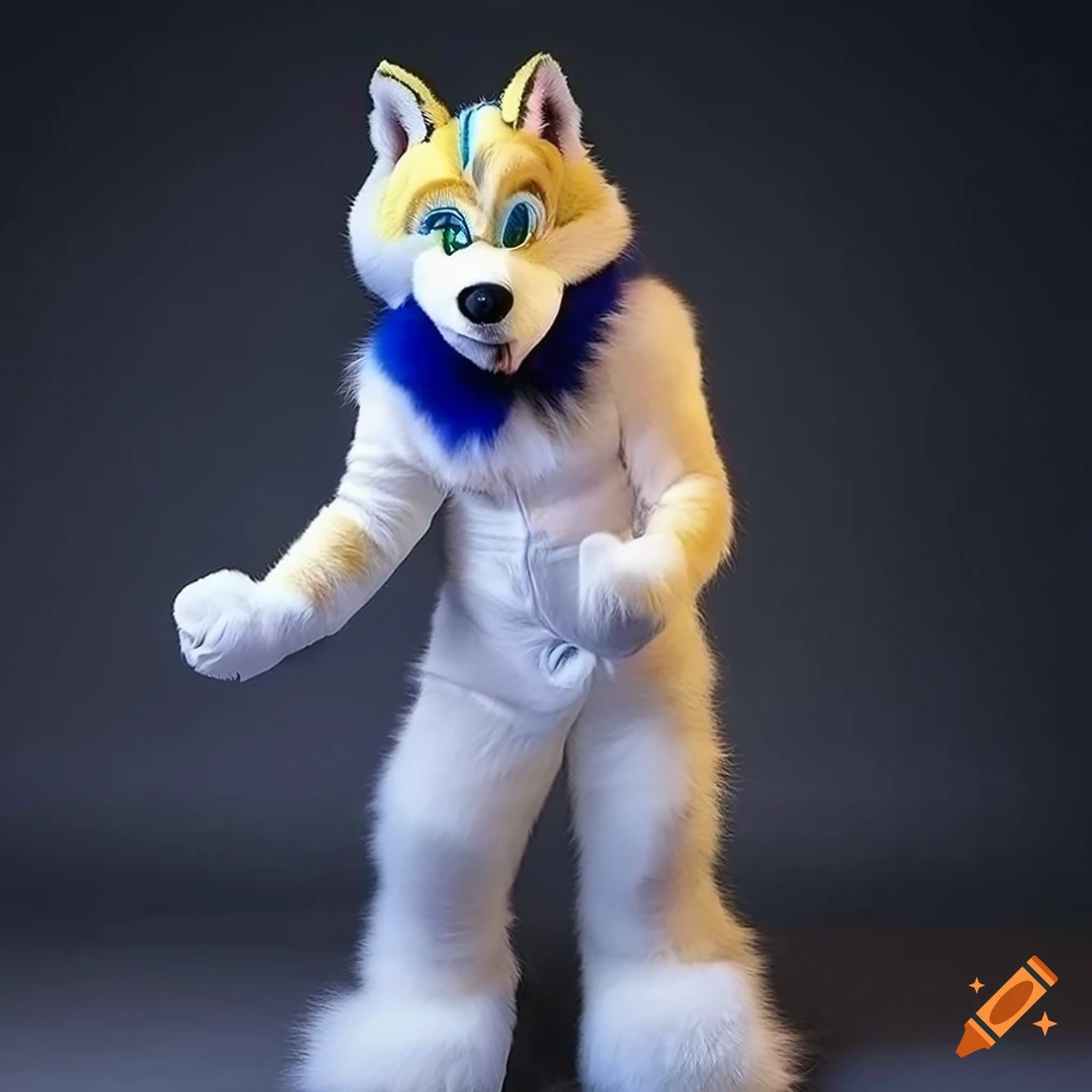 Bright yellow husky fursuit with white patches and black markings ...