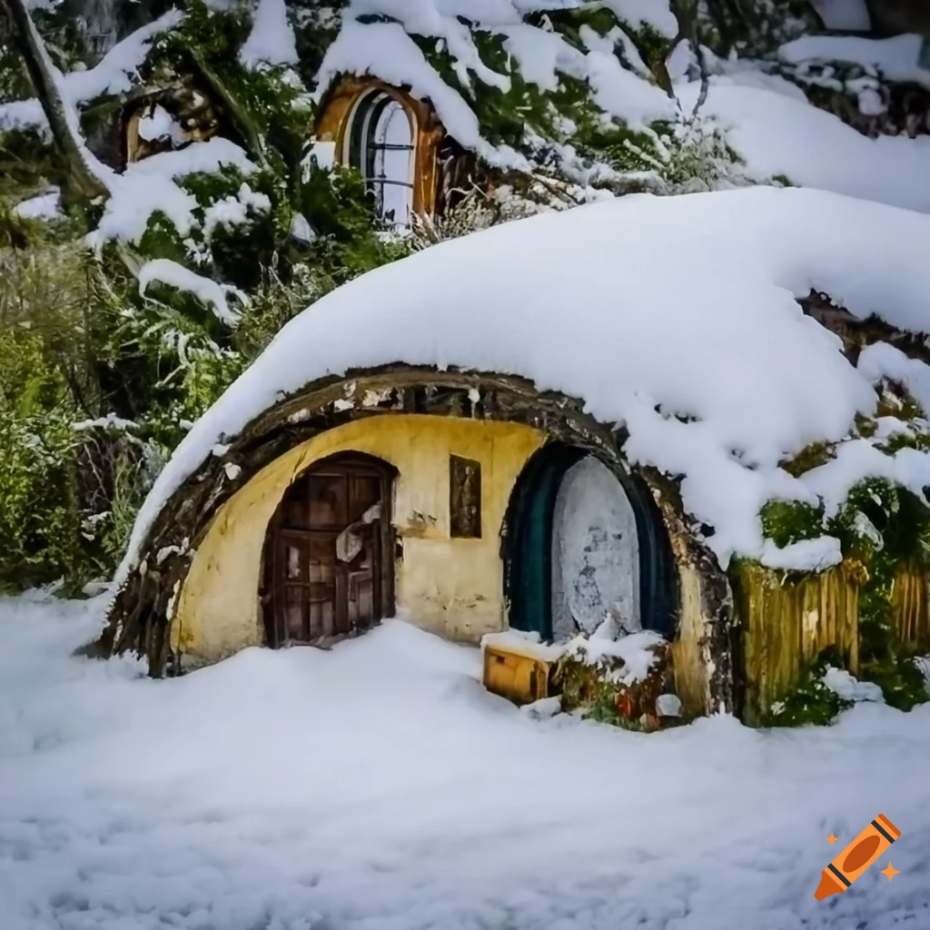 Close up of a snowy mushroom fairy hobbit house on Craiyon