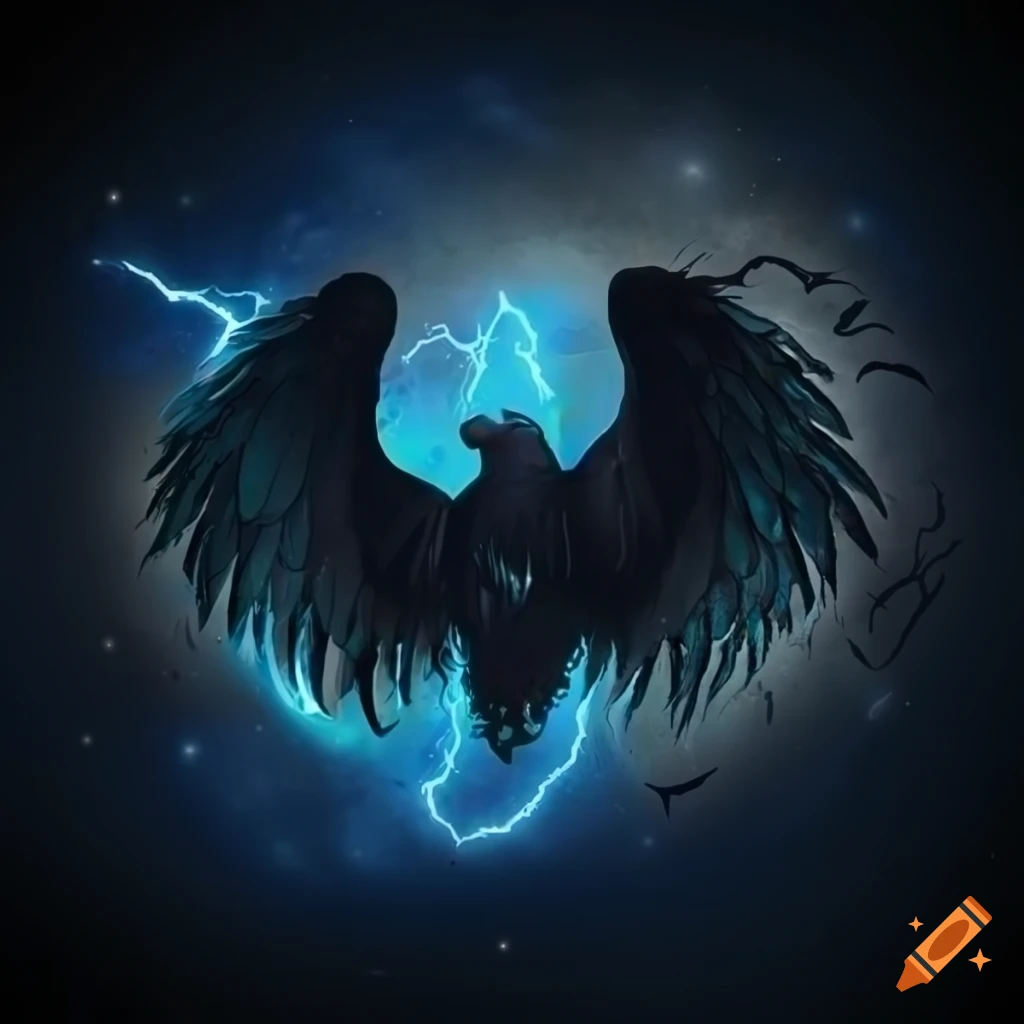 Logo design with a raven, lightning and stardust on Craiyon