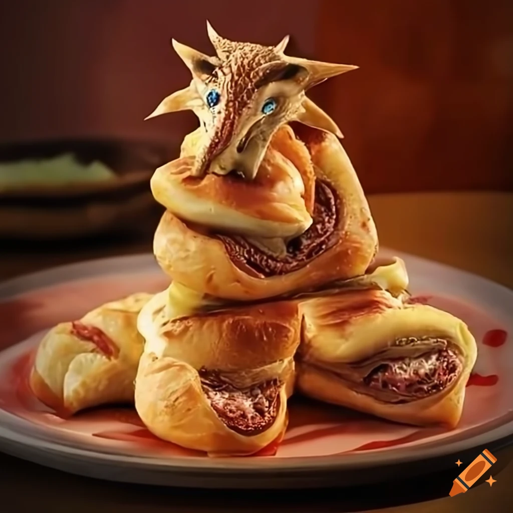 Artwork of a dragon mixed with Tostino's pizza rolls on Craiyon