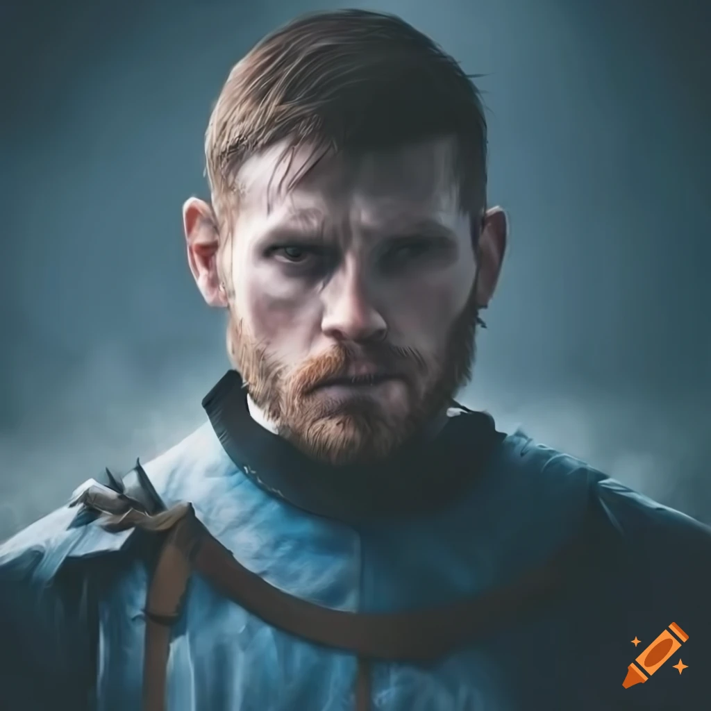 Medieval male fighter in blue armor surrounded by mist