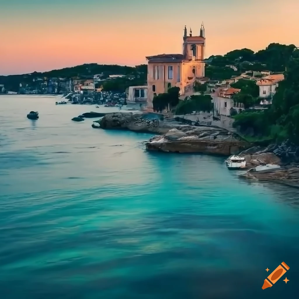 Sandy beach town with a river flowing into the sea on Craiyon