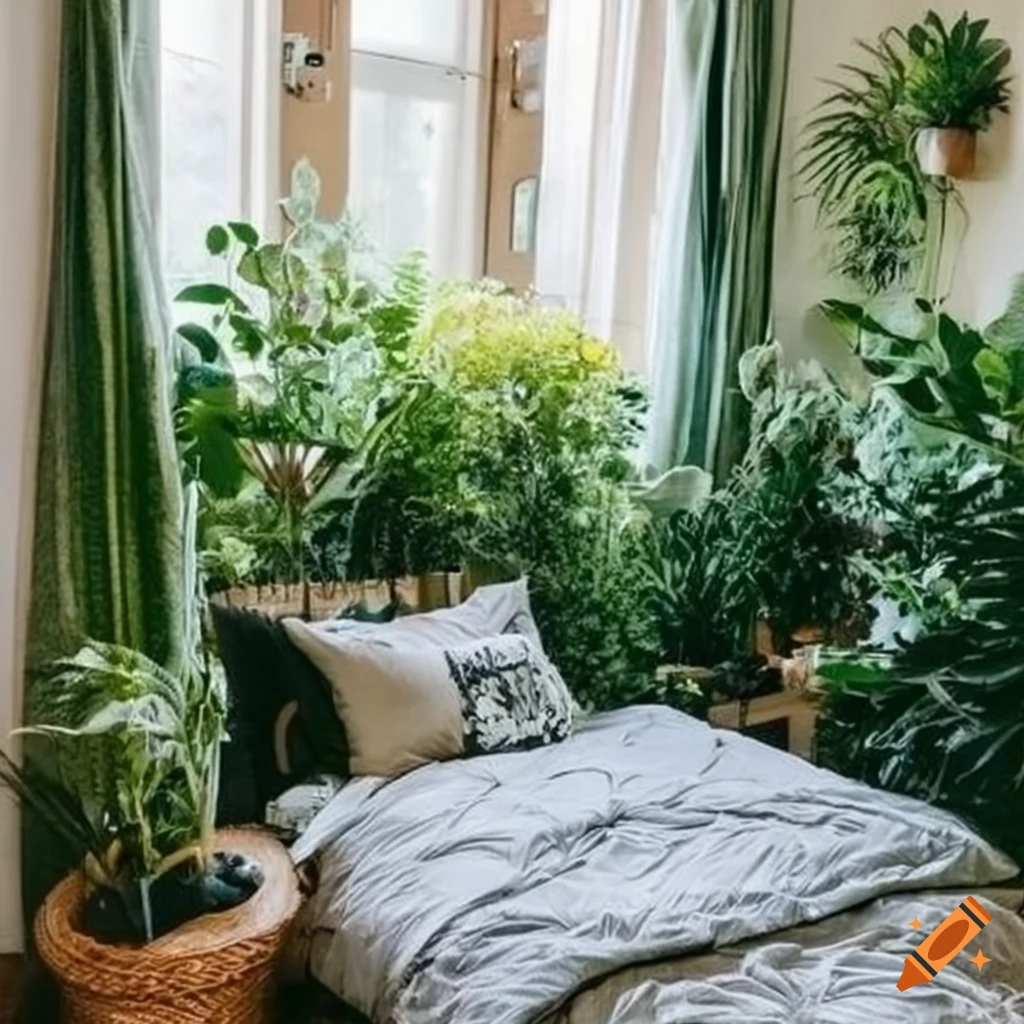 Cozy bedroom with lots of plants on Craiyon