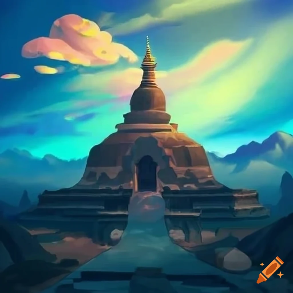 Stunning view of Ahin Posh Kushan styled stupa with mountains on Craiyon