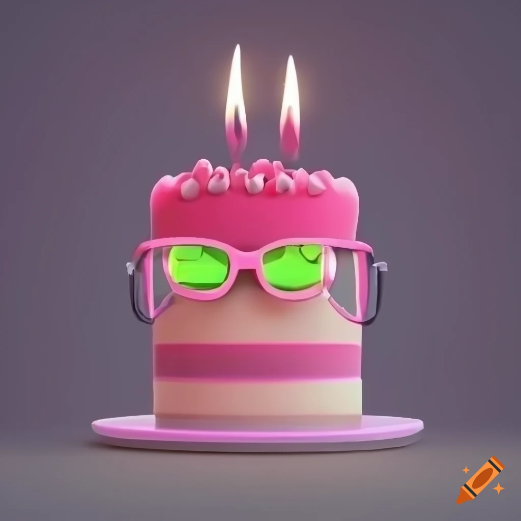 Cute cyber cake with pink sunglasses and candles on top on Craiyon