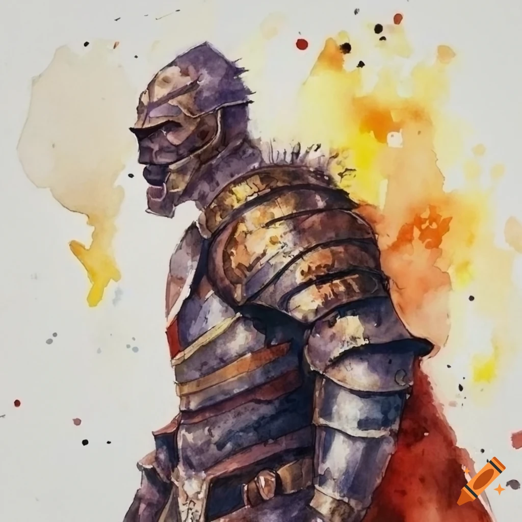Watercolor painting of a colossal warrior in heavy armor on Craiyon