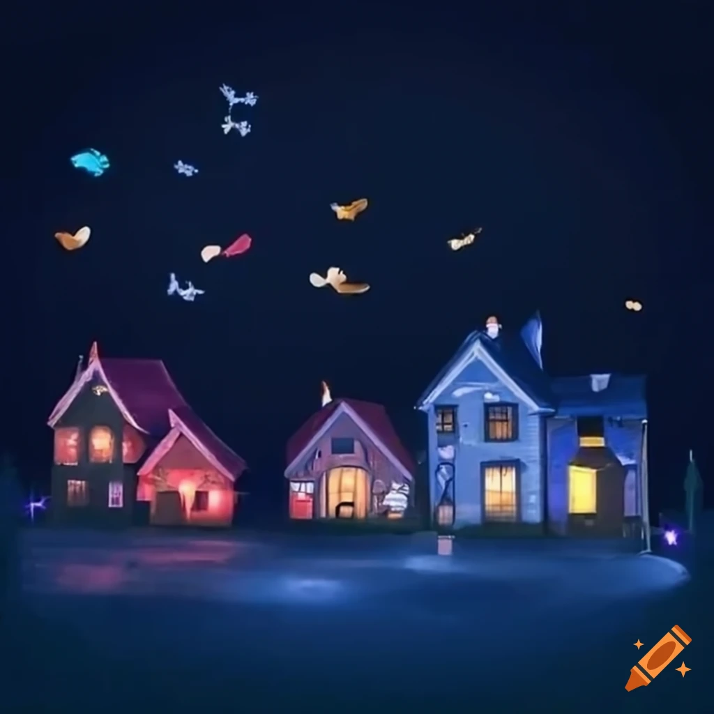 Birds flying over a beautifully lit fictional town