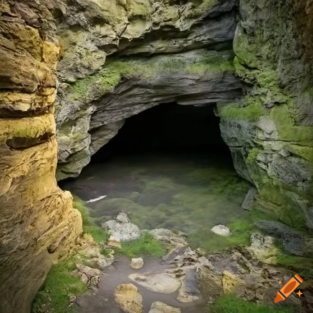 Impressive cave entrance surrounded by rocks and green lawns on Craiyon
