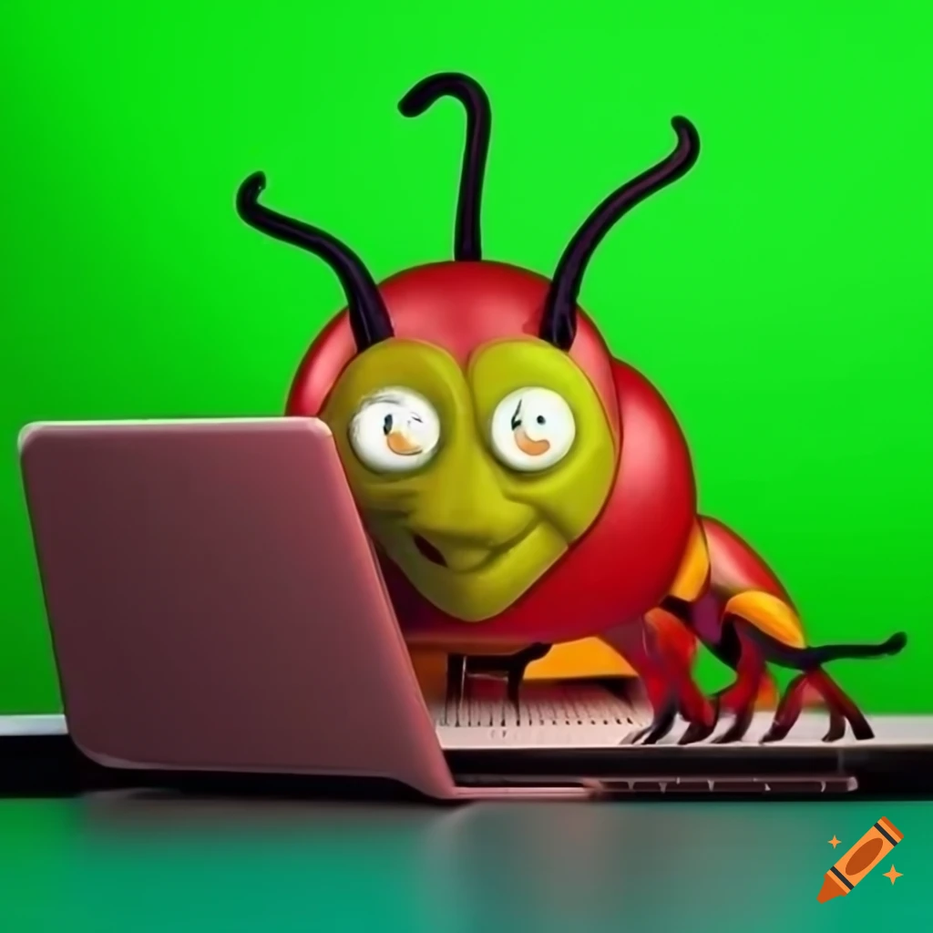 Cartoon bug with glasses using laptop and smoking on Craiyon