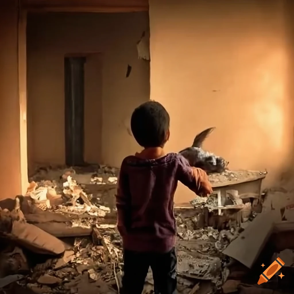 Image of a girl looking at her destroyed home during war on Craiyon