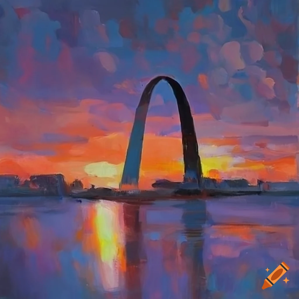 Impressionistic sunset painting of gateway arch on Craiyon