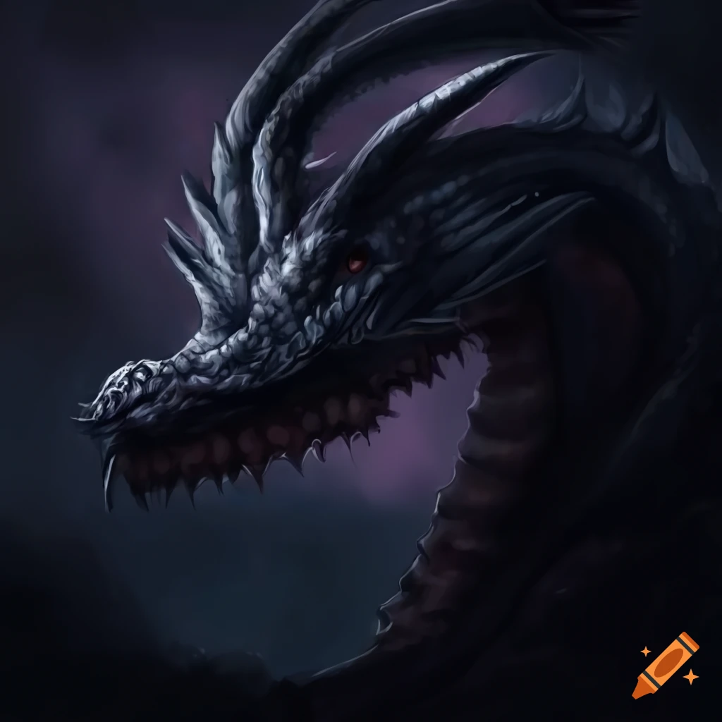 Menacing dragon in a misty dark setting