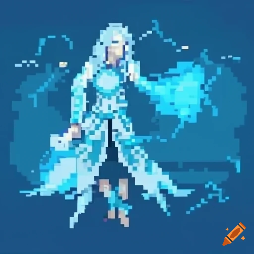 Pixel art of a spell caster casting an ice spell on Craiyon