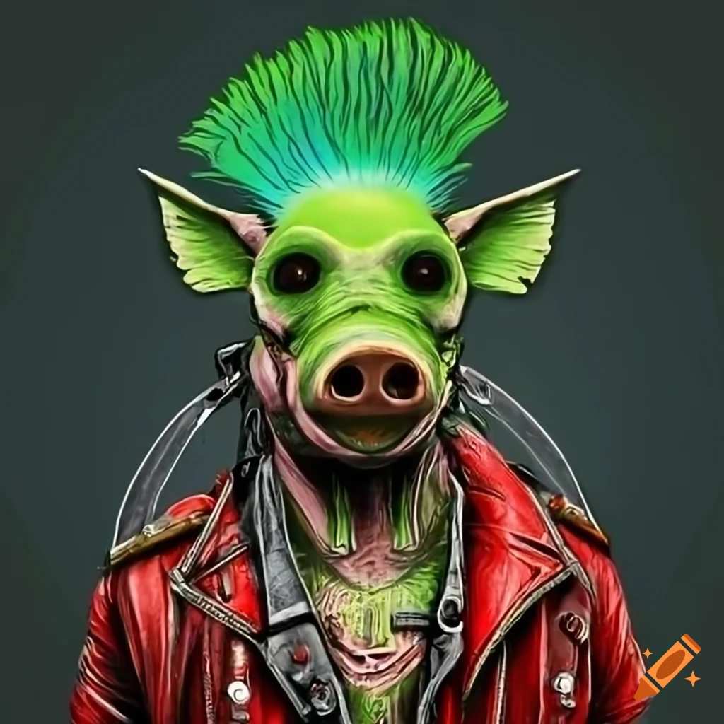 Image of a punk pig with a green mohawk and leather jacket on Craiyon