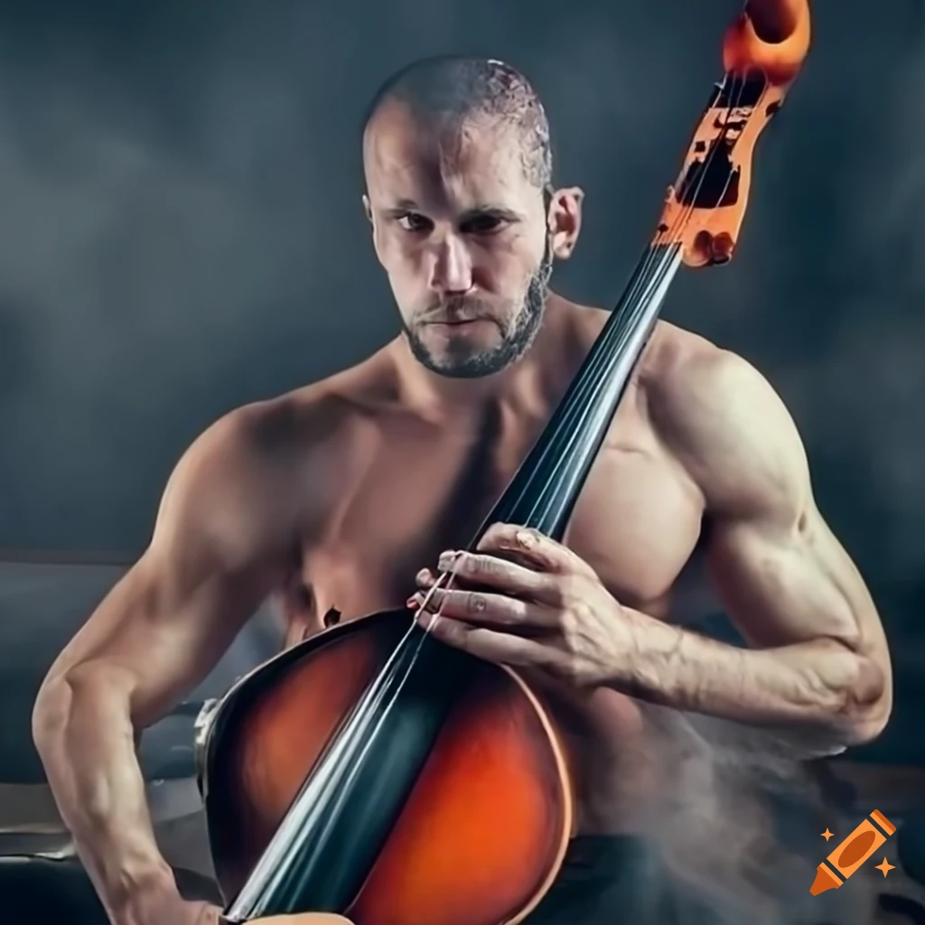 Hyperrealistic image of a muscular fireman playing double bass in a ...