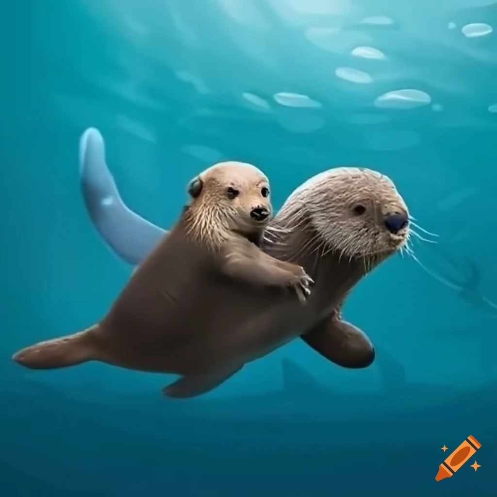 Cute animated sea otter playing with mother in water on Craiyon