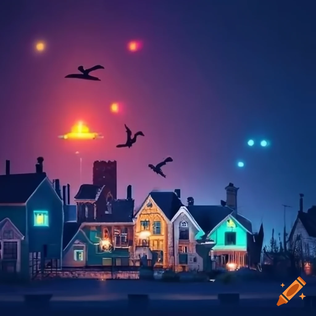 Birds flying over a beautifully lit fictional town