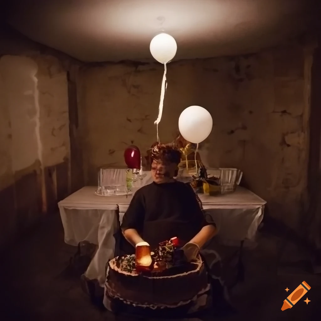 Man having a party in the basement with cake and decorations on Craiyon