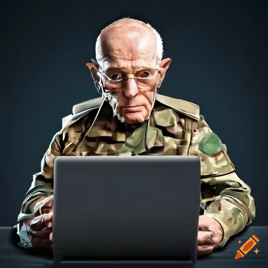 Elderly soldier using a computer