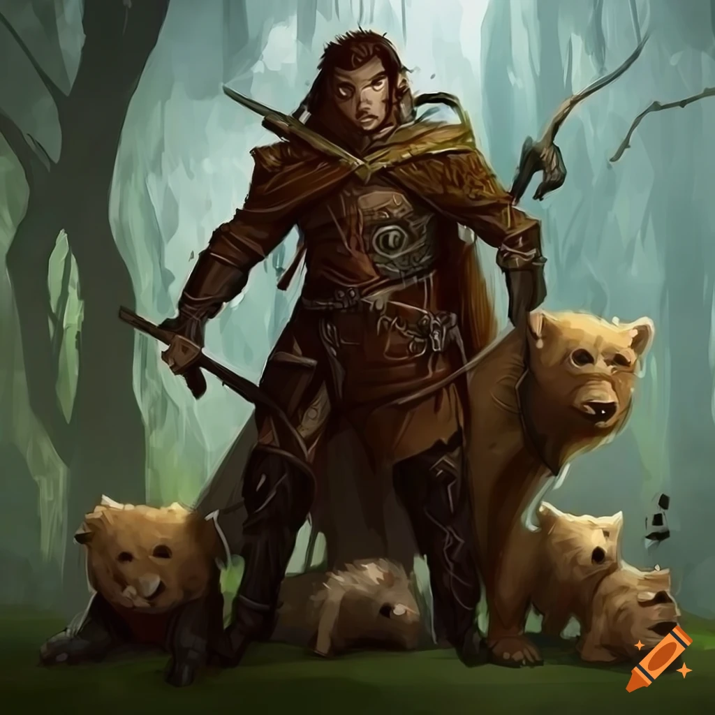 Artwork of a half-elf ranger and his bear companion on Craiyon