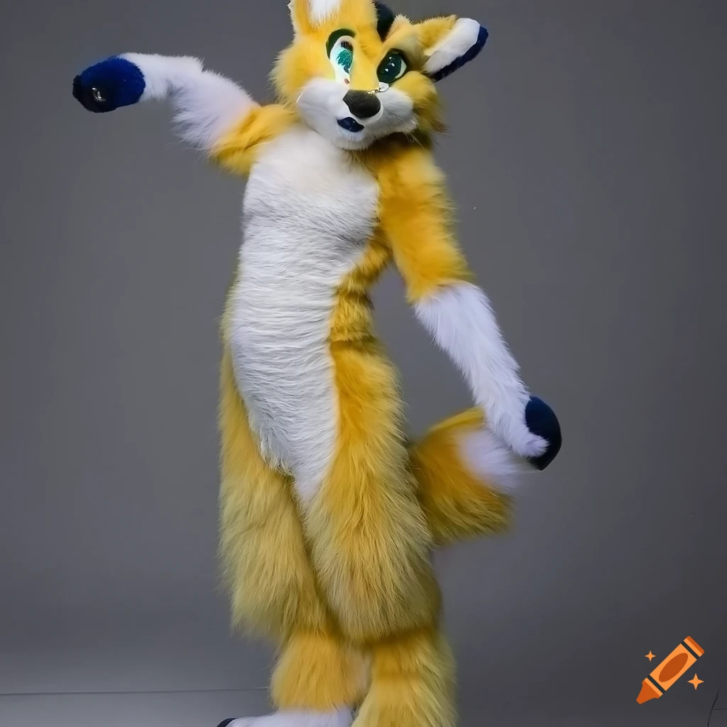 Yellow fox fursuit standing with arms at side on Craiyon
