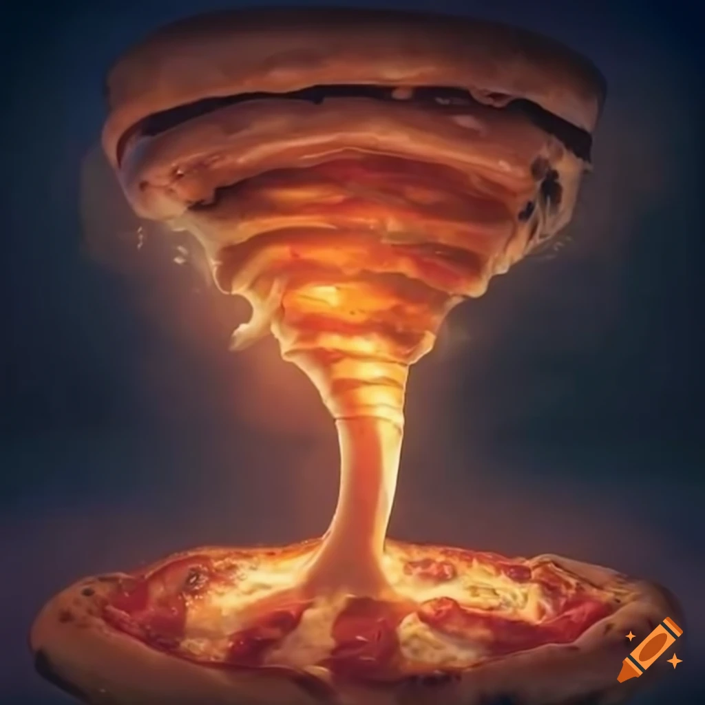 Creative representation of pizza swirling like a tornado