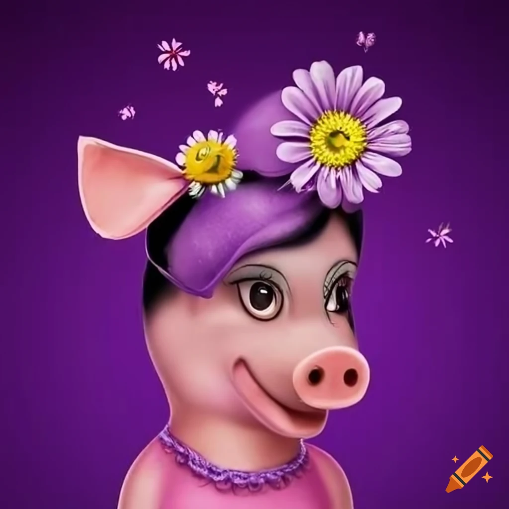 Cartoon pig with purple dress and flowers on head on Craiyon