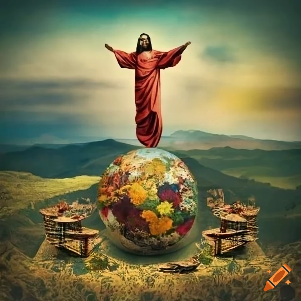 Surreal collage of jesus with unexpected objects