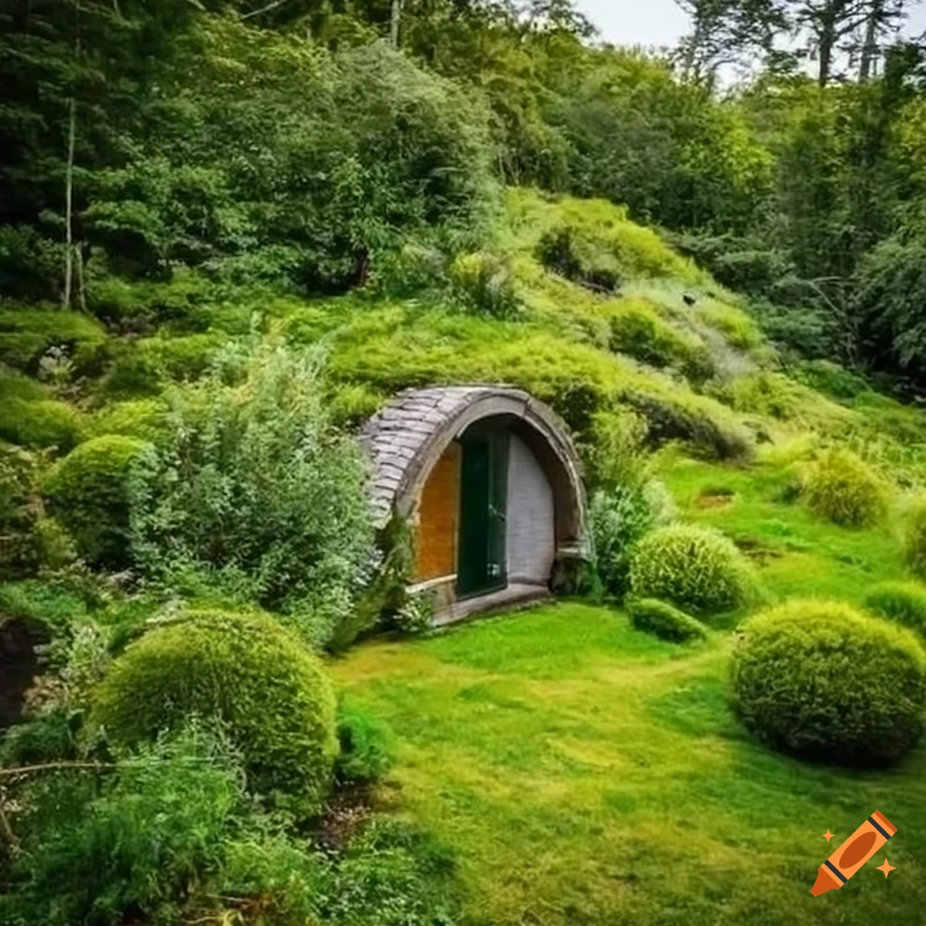 Picture of a mossy hobbit cottage surrounded by greenery